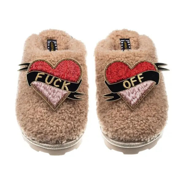 LAINES LONDON Teddy Closed Toe Slippers With Fuck Off Brooches Toffee - Brown