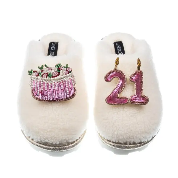 LAINES LONDON Teddy Closed Toe Slippers With 21st Birthday & Cake Brooches Cream - White