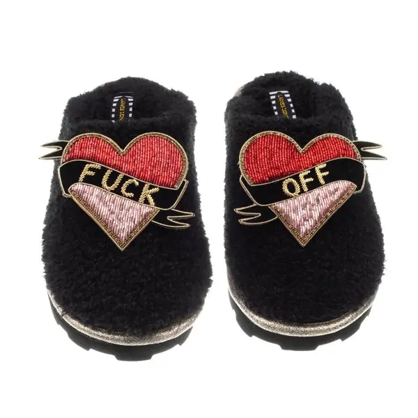 LAINES LONDON Teddy Closed Toe Slippers With Fuck Off Brooches - Black