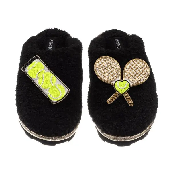 LAINES LONDON Teddy Closed Toe Slippers With Tennis Lover Brooches - Black