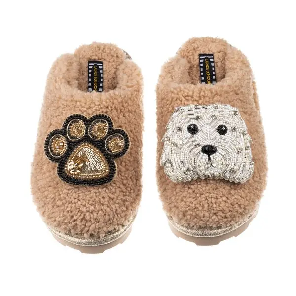 LAINES LONDON Teddy Towelling Closed Toe Slippers With Queenie The Bichon Frise & Paw Brooch Toffee - Brown
