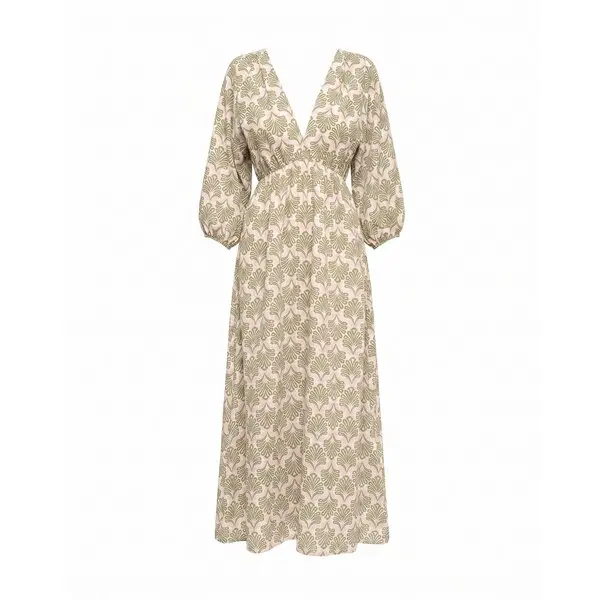 TANTRA SPAIN SL Printed Dress With Elastic Waistband, V-neck And V-back Kakhi - Green