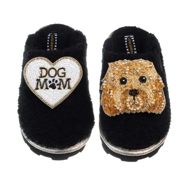LAINES LONDON Teddy Closed Toe Slippers With Enki Doo The Cockapoo & Dog Mum / Mom Brooches - Black