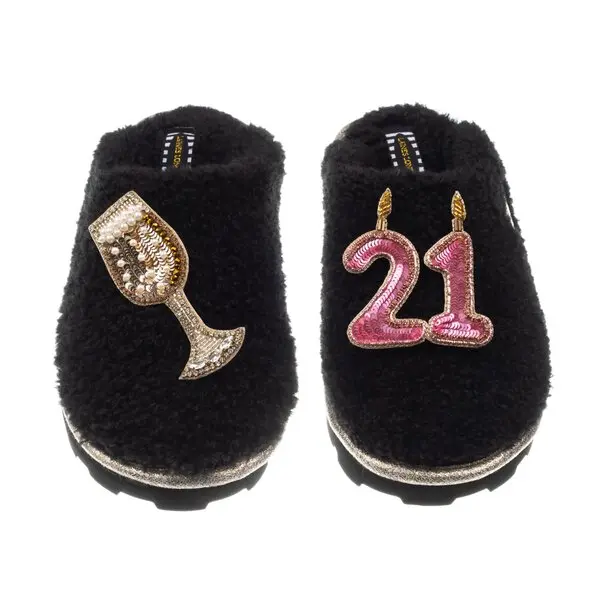 LAINES LONDON Teddy Closed Toe Slippers With 21st Birthday & Champagne Glass Brooches - Black