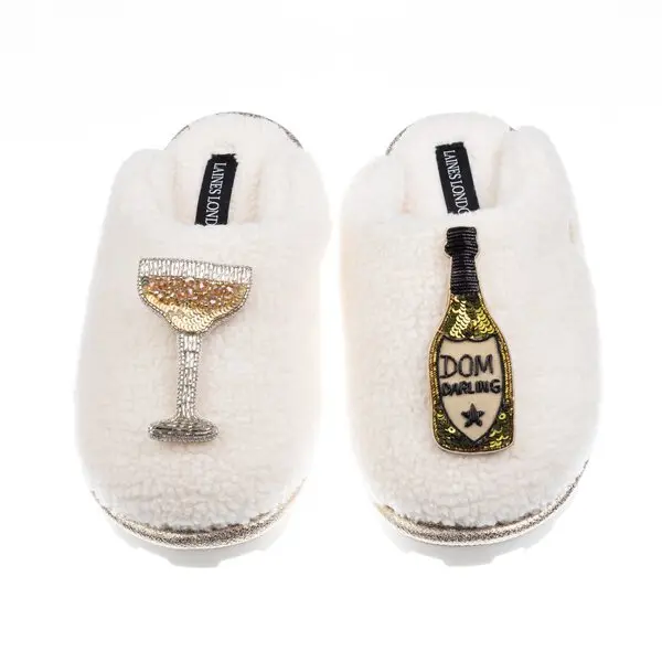 LAINES LONDON Neutrals / Teddy Closed Toe Slippers With Dom Darling Champagne Brooches Cream - White