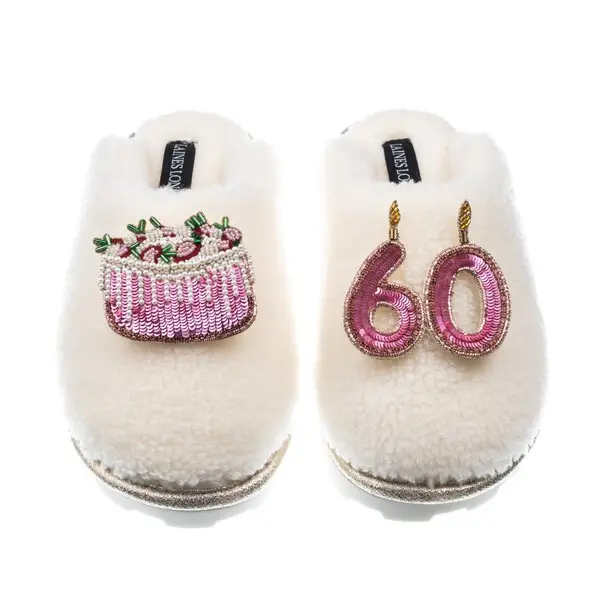 LAINES LONDON Teddy Closed Toe Slippers With 60th Birthday & Cake Brooches Cream - White