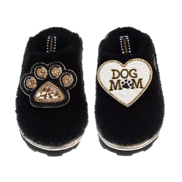 LAINES LONDON Teddy Closed Toe Slippers With Dog Mum / Mom & Paw Brooches - Black