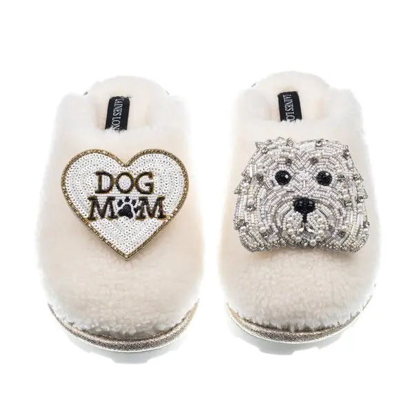 LAINES LONDON Teddy Closed Toe Slippers With Queenie The Bichon Frise & Dog Mum / Mom Brooches Cream - White