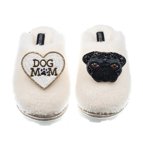 LAINES LONDON Teddy Closed Toe Slippers With Snoopy Pug & Dog Mum / Mom Brooches Cream - White