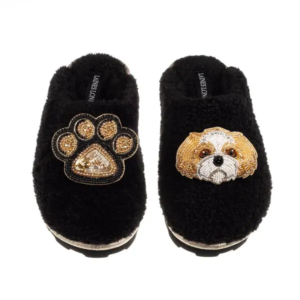 LAINES LONDON Teddy Closed Toe Slippers With Paw & Gold & White Shih Tzu Brooches - Black