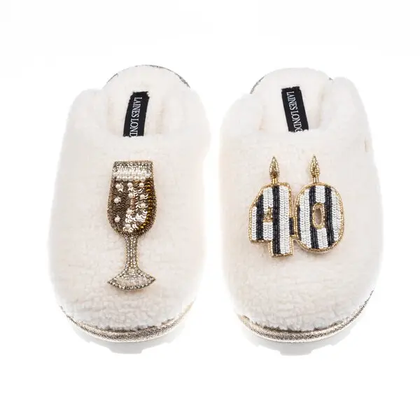 LAINES LONDON Teddy Closed Toe Slippers With Stripe 40th Birthday & Champagne Glass Brooches Cream - White
