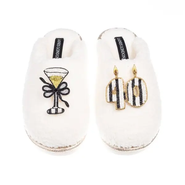 LAINES LONDON Teddy Closed Toe Slippers With Champagne Glass And '40' Brooch Embellishments - White