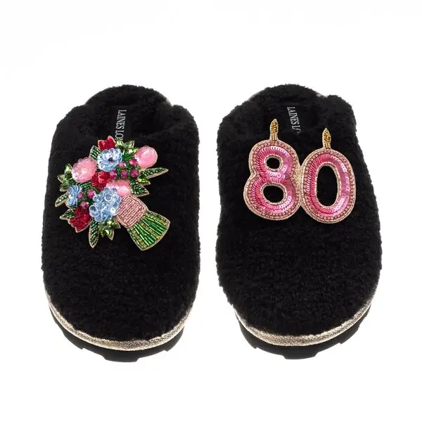 LAINES LONDON Teddy Closed Toe Slippers With 80th Birthday & Flowers Brooches - Black