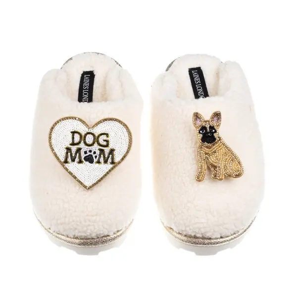 LAINES LONDON Neutrals / Teddy Closed Toe Slippers With Dog Mum/mom & Fawn French Bulldog Brooches Cream - White
