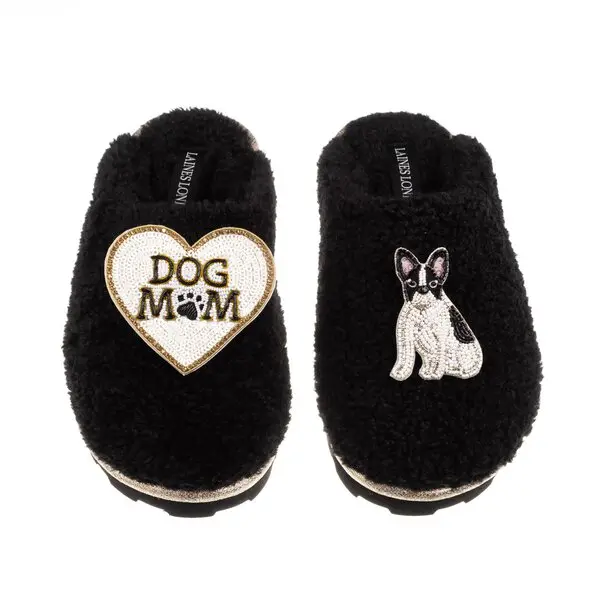 LAINES LONDON Teddy Closed Toe Slippers With Dog Mum/mom & /white Sitting French Bulldog - Black