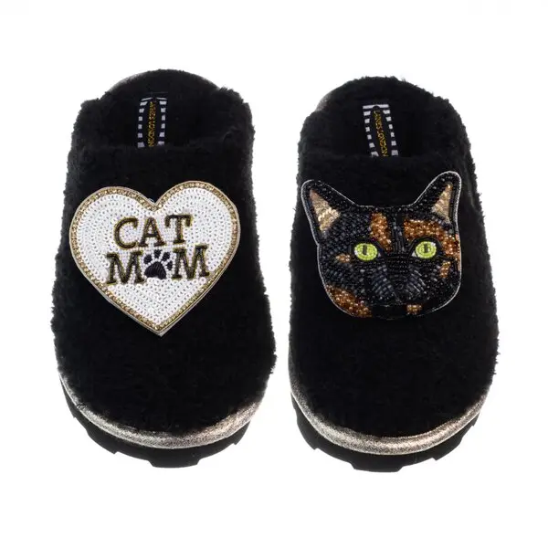 LAINES LONDON Teddy Closed Toe Slippers With Misty Cat & Cat Mum / Mom Brooches - Black