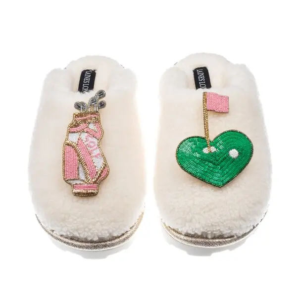 LAINES LONDON Teddy Closed Toe Slippers With Golf Lover Brooches Cream - White
