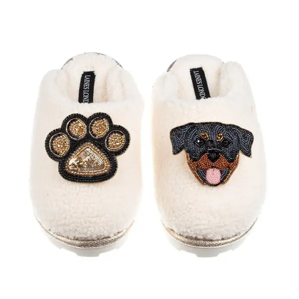 LAINES LONDON Neutrals / Teddy Closed Toe Slippers With Paw & Rottweiler Brooches Cream - White