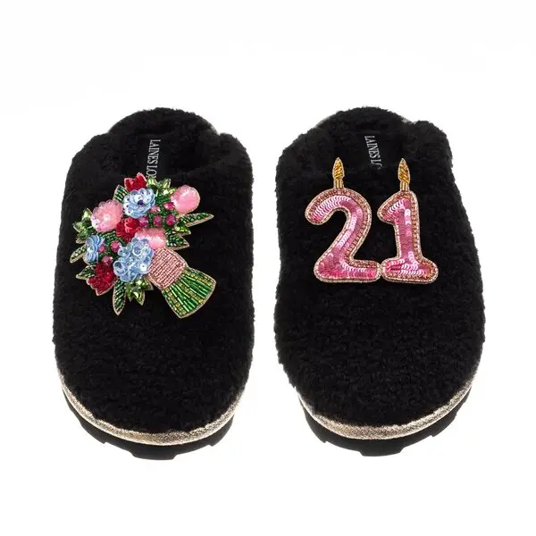 LAINES LONDON Teddy Closed Toe Slippers With 21st Birthday & Flowers Brooches - Black