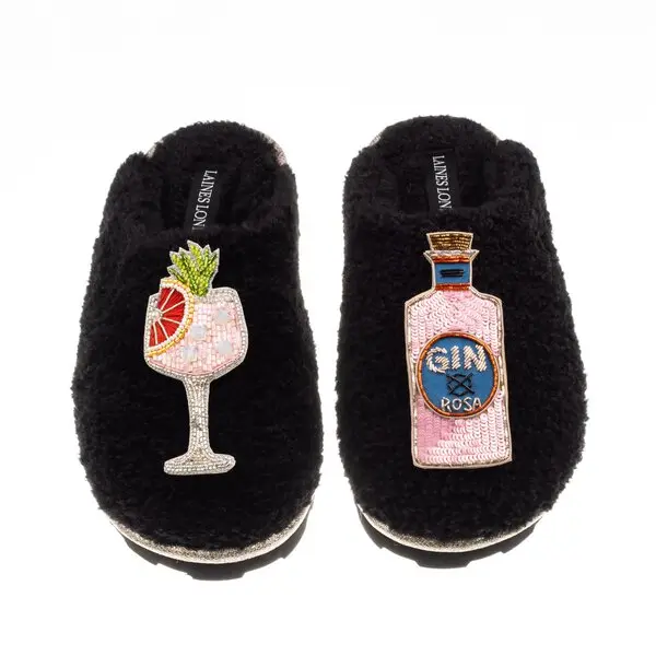LAINES LONDON Teddy Closed Toe Slippers With Pink Rosa & Grapefruit Gin Brooches - Black