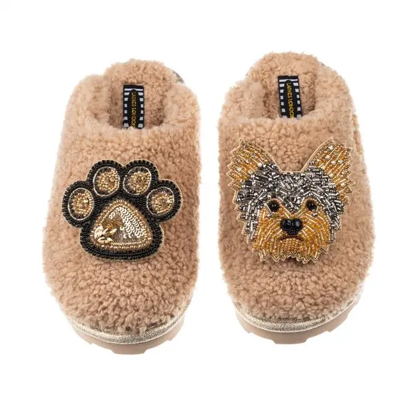 LAINES LONDON Teddy Towelling Closed Toe Slippers With Minnie Yorkie & Paw Brooches Toffee - Brown