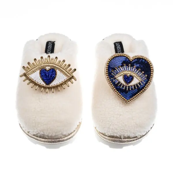 LAINES LONDON Neutrals / Teddy Closed Toe Slippers With Double Blue Heart & Love Eye Brooches Cream - White