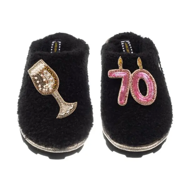 LAINES LONDON Teddy Closed Toe Slippers With 70th Birthday & Champagne Glass Brooches - Black