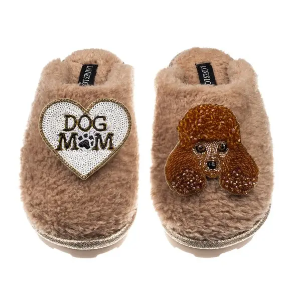 LAINES LONDON Neutrals Teddy Closed Toe Slippers With Tutu The Poodle & Dog Mum / Mom Brooches Toffee - Brown