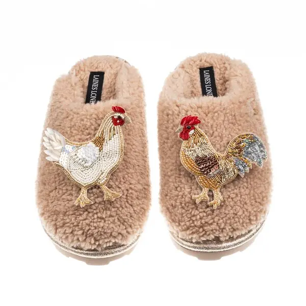 LAINES LONDON Neutrals Teddy Closed Toe Slippers With Chicken & Rooster Brooches Toffee - Brown