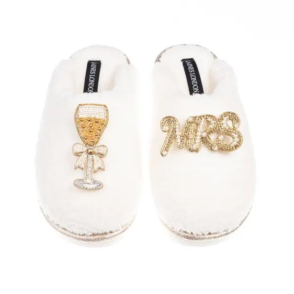 LAINES LONDON Neutrals / Teddy Closed Toe Slippers With Mrs & Wedding Champers Brooches Cream - White