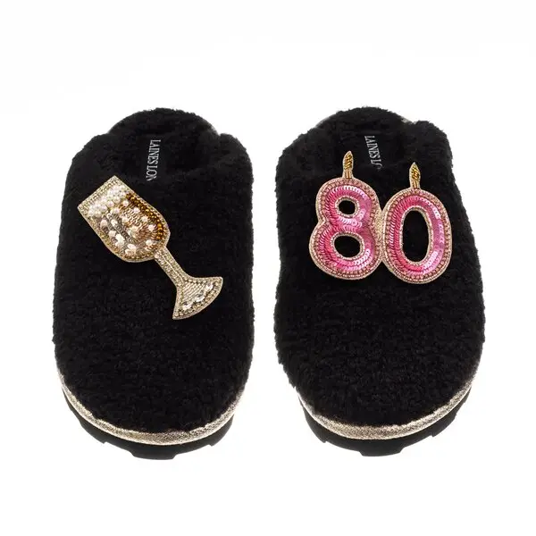 LAINES LONDON Teddy Closed Toe Slippers With 80th Birthday & Champagne Glass Brooches - Black