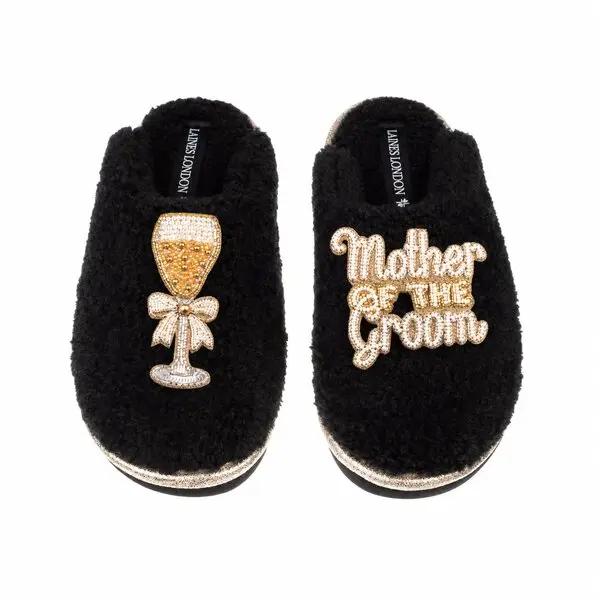 LAINES LONDON Teddy Slippers With Mother Of The Groom And Champagne Glass Embellishments - Black