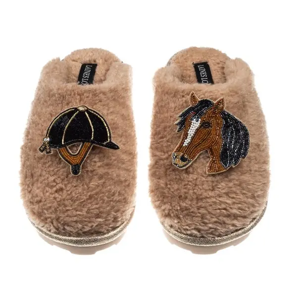 LAINES LONDON Neutrals Teddy Closed Toe Slippers With Horse & Riding Hat Brooches Toffee - Brown