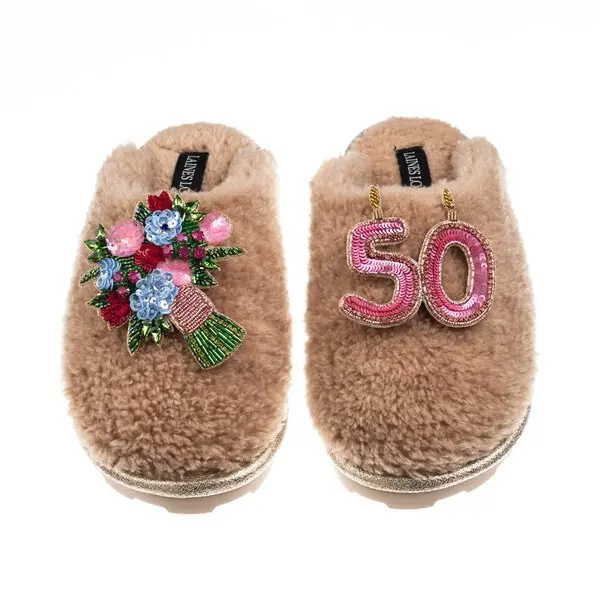 LAINES LONDON Teddy Closed Toe Slippers With 50th Birthday & Flowers Brooches Toffee - Brown