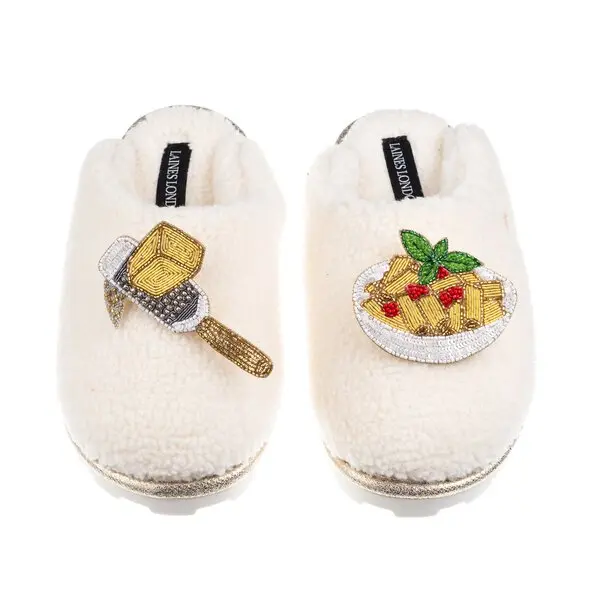 LAINES LONDON Neutrals Laines X Juliet Closed Toe Slippers With Parmesan & Pasta Brooches Cream - White