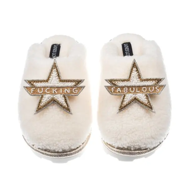 LAINES LONDON Teddy Closed Toe Slippers With Fucking Fabulous Brooches Cream - White