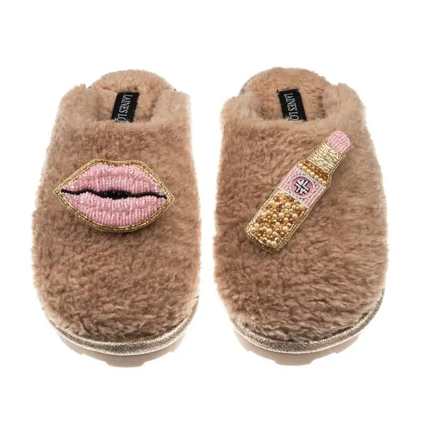 LAINES LONDON Neutrals Teddy Closed Toe Slippers With Pink Lipstick & Lips Brooches Toffee - Brown