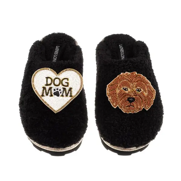 LAINES LONDON Teddy Closed Toe Slippers With Dog Mum / Mom & Apricot Cockapoo Brooches - Black
