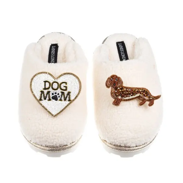 LAINES LONDON Neutrals / Teddy Closed Toe Slippers With Dog Mum/mom & Red Dachshund Brooches Cream - White