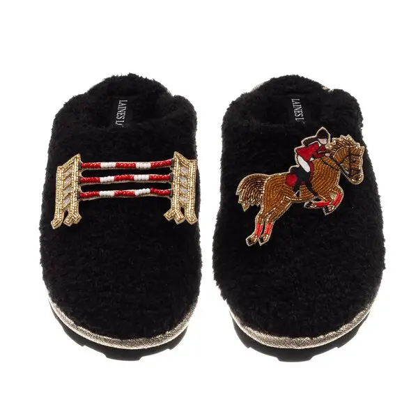 LAINES LONDON Teddy Closed Toe Slippers With Show Jump Horse Brooches - Black