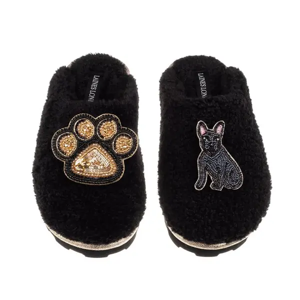 LAINES LONDON Teddy Closed Toe Slippers With Paw & Sitting French Bulldog Brooches - Black