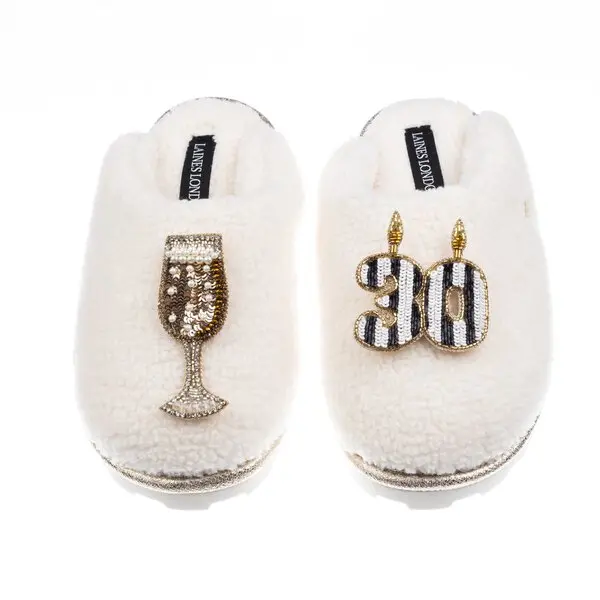 LAINES LONDON Teddy Closed Toe Slippers With Stripe 30th Birthday & Champagne Glass Brooches Cream - White