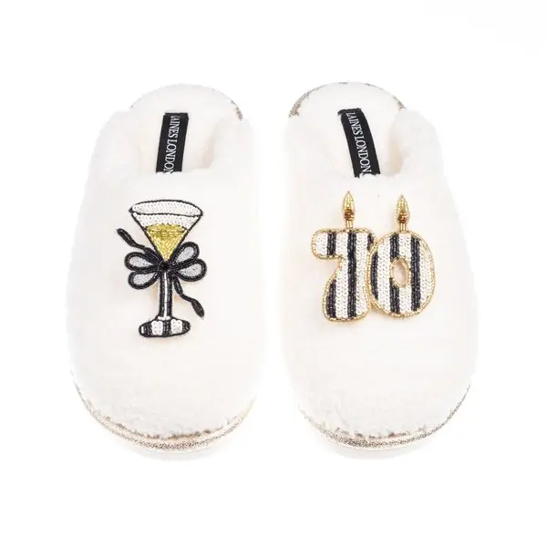 LAINES LONDON Teddy Closed Toe Slippers With Champagne Glass And "70" Brooches - White