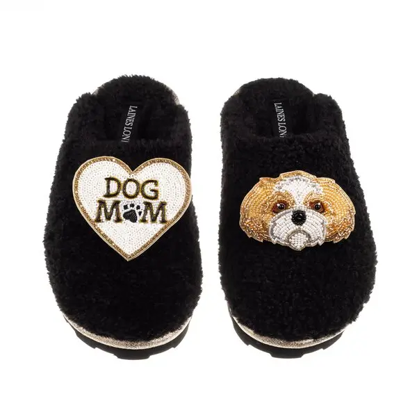 LAINES LONDON Teddy Closed Toe Slippers With Dog Mum / Mom & Gold & White Shih Tzu Brooches - Black