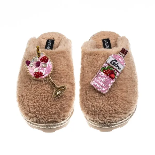 LAINES LONDON Teddy Closed Toe Slippers With Pink Gin & Fruit Glass Brooches Toffee - Brown