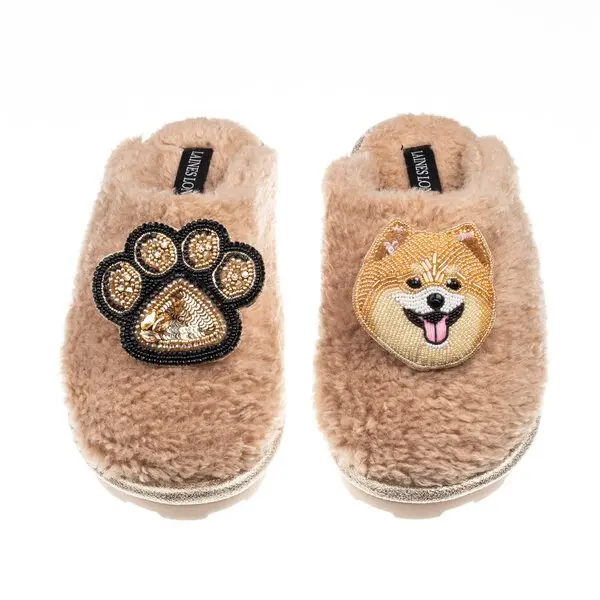 LAINES LONDON Neutrals Teddy Closed Toe Slippers With Teddy The Pomeranian & Paw Brooches Toffee - Brown