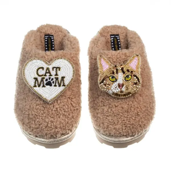 LAINES LONDON Neutrals Teddy Closed Toe Slippers With Tabby The Ginger Cat & Cat Mum / Mom Brooches Toffee - Brown