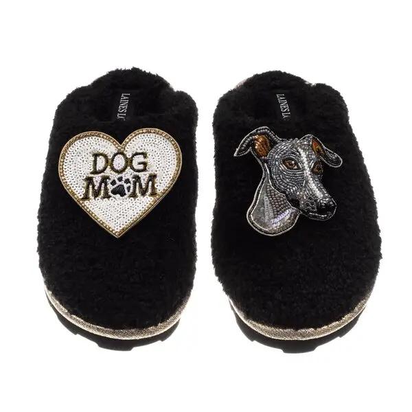 LAINES LONDON Teddy Closed Toe Slippers With Vinny Italian Greyhound & Dog Mum / Mom Brooches - Black