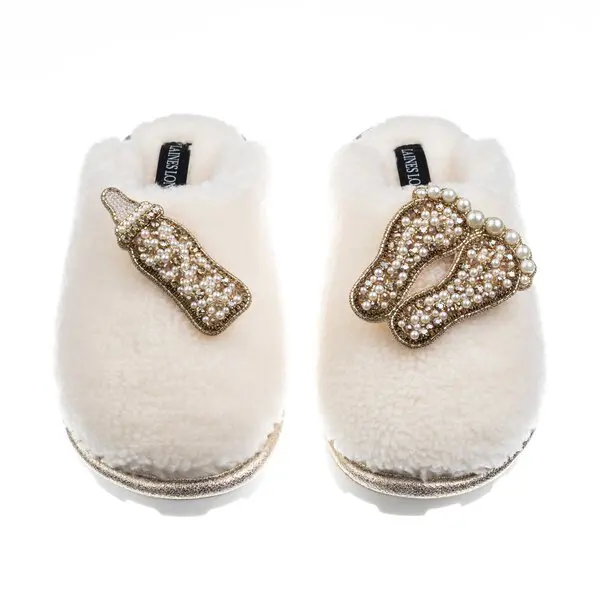 LAINES LONDON Neutrals / Teddy Closed Toe Slippers With Gold New Baby Brooches Cream - White