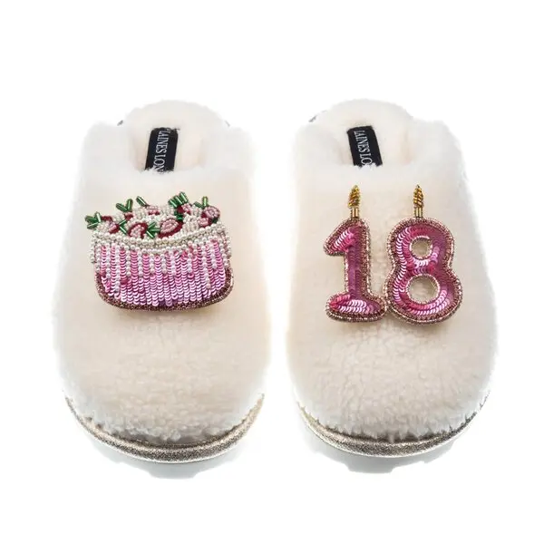 LAINES LONDON Teddy Closed Toe Slippers With 18th Birthday & Cake Brooches Cream - White